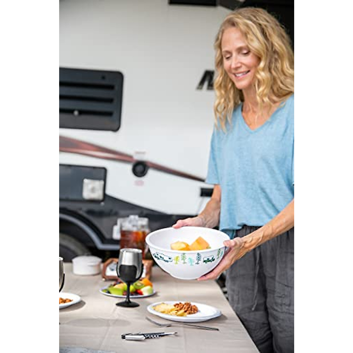 Camco Life is Better at The Campsite Nesting Bowl Set with Lids | Great for On-The-Go Lifestyles | Features (4) Durable Melamine Bowls with (4) Plastic Lids (53451)