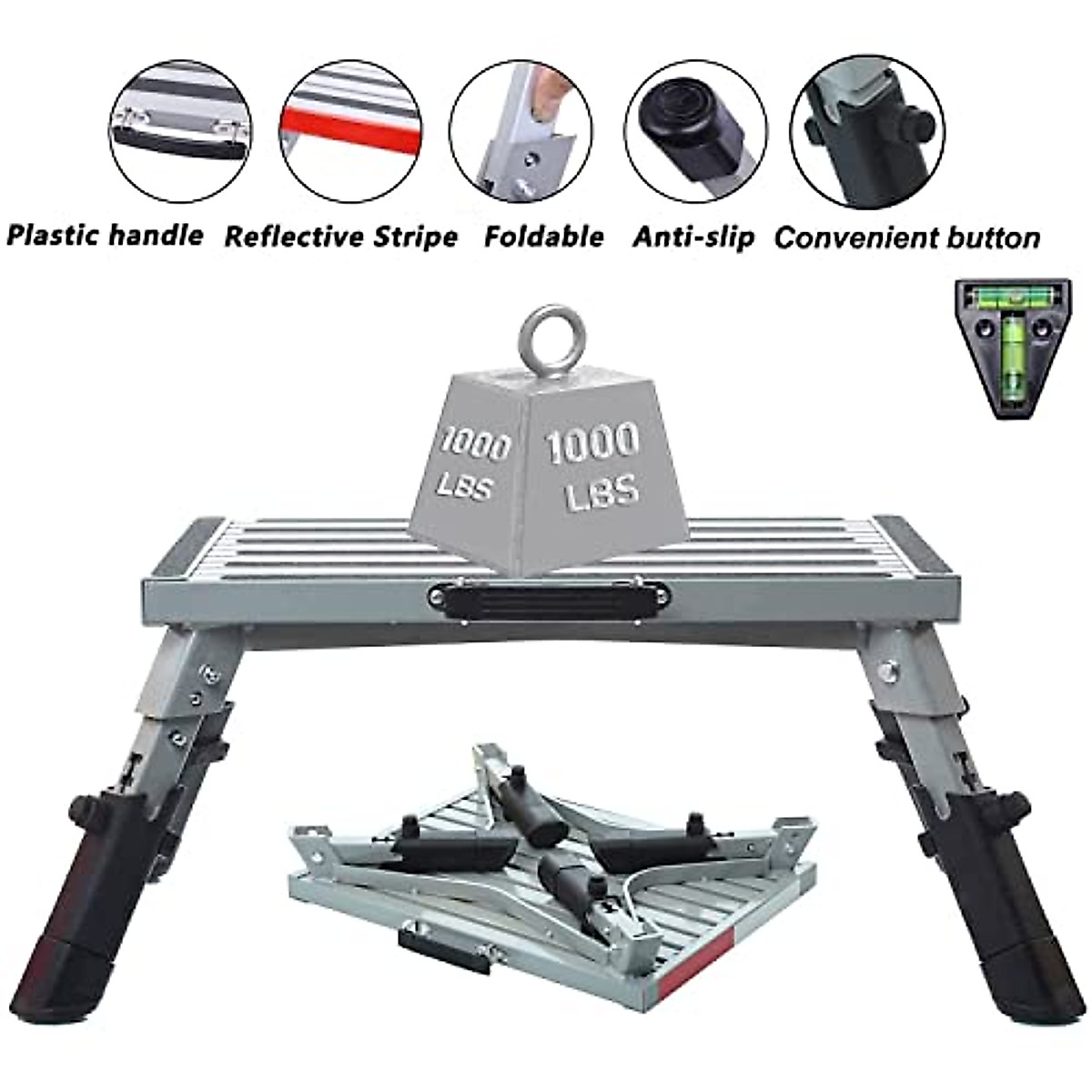 Homeon Wheels 19" x 14.5" Large RV Step Stool, 1,500lbs Adjustable Height Aluminum Folding Platform Step Sheath Non-Slip Rubber Feet, Reflective Stripe, Handle, RV T Level RV Steps