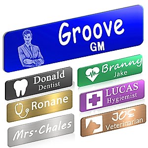 Custom Name Tag with Logo/Image Engraved Nametags with Magnetic or Pin Personalized ID Badge for Uniforms, Business, Employees, Staff, Doctors, Nurse-Blue