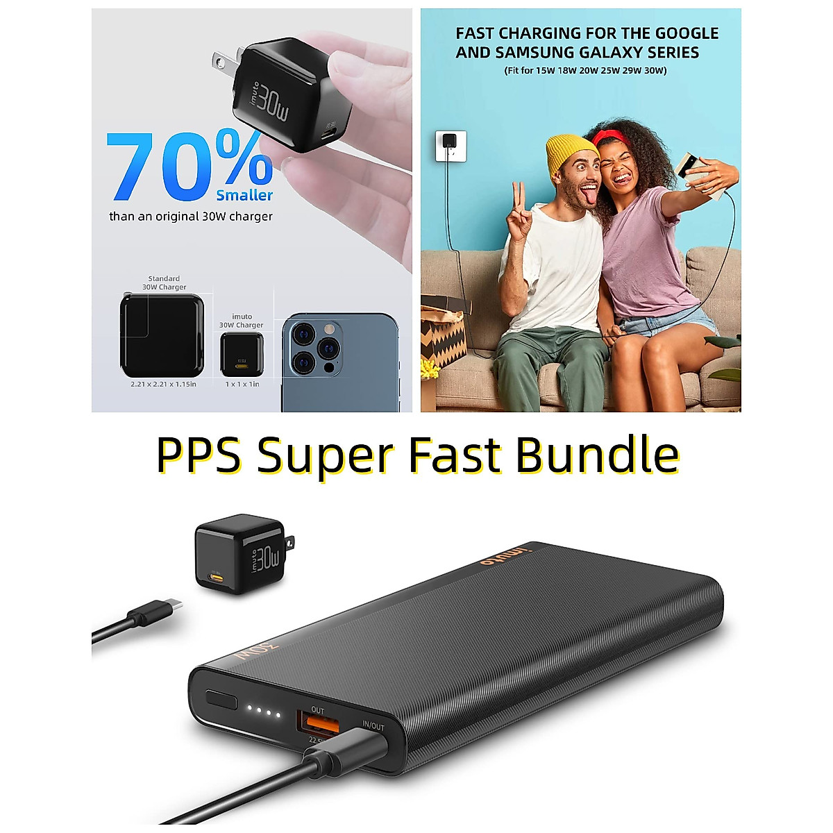 imuto Slim Portable Charger, 30W PPS Bundle Super Fast Charging Power Bank with USB-C PD Power Bank External Battery, Compatible with Samsung Galaxy S23 S22, iPad Pro, iPhone 15/14/13 Pro Max, Pixel