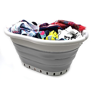 SAMMART 36L (9.5 gallon) Collapsible 3 Handled Plastic Laundry Basket-Foldable Pop Up Storage Container/Organizer-Space Saving Basket (3 handled Oval, Grey/Grey)