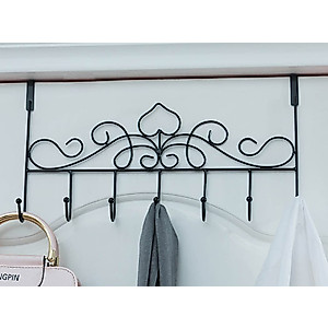 eywlwaar Over The Door 7 Hanger Rack Metal Rack for Home Use Hats Coats Key Bag Clothes Scarfs Hooks and Love Design (Black)