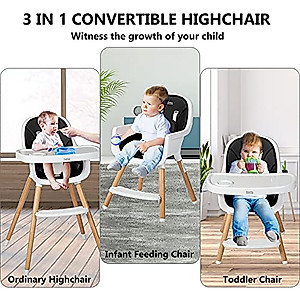 Kinder King 3 in 1 Convertible Baby High Chair, Wooden Highchair w/Double Removable Tray, Infant Feeding Chair-Toddler Chair, Adjustable Legs, Detachable Footrest & PU Cushion, 5-Point Harness, Black