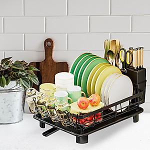 TC Lgog Dish Drying Rack for Kitchen Counter – Drainboard with 4 Slots Knife, Fork & Cup Holder Organizers, Rotating Swivel Spout, Durable Coated, Attractive Black