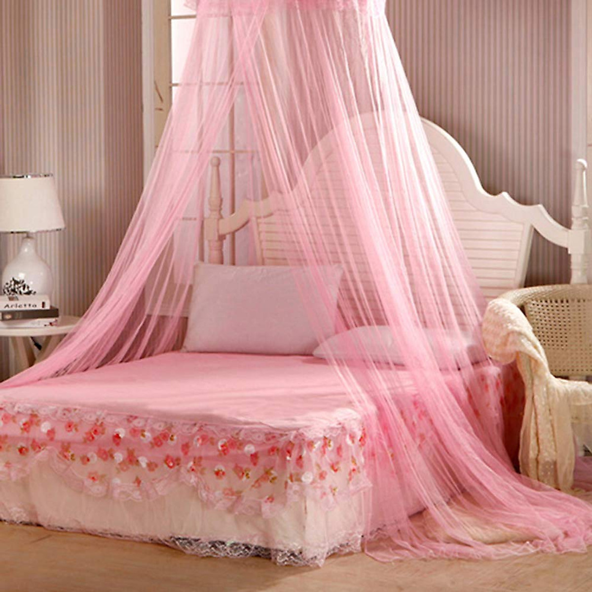 loinhgeo-Bed Mosquito Net for Holiday Indoor Elegent Lace House Bedding Decor Sweet Round Bed Canopy Dome Mosquito Net - Pink