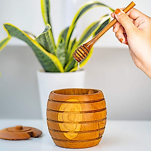 Rainforest Bowls Javanese Teak Wood Honey Jar w/Dipper Set- Ideal for Storing Honey, Jam & Syrups- Ultra-Durable- Premium Wooden Honey Jar Handcrafted by Indonesian Artisans