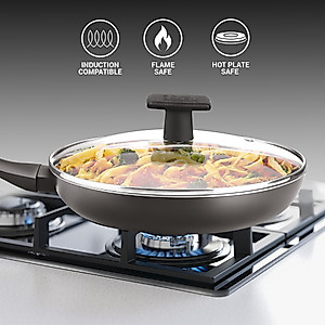 Milton 8 inch Nonstick frying pan nonstick with lid. Large pan for egg omelette, pancake. Flat bottom Stir fry skillet for electric induction cookware. Dishwasher & Oven safe (Aluminium)