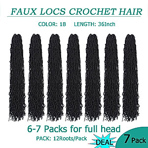 7 Packs Faux Locs Crochet Hair 36 Inch New Soft Locs Crochet Hair For Black Women Pre-looped Long Goddess Locs Crochet Braids Curly Wavy Braiding Hair Extension (1B)