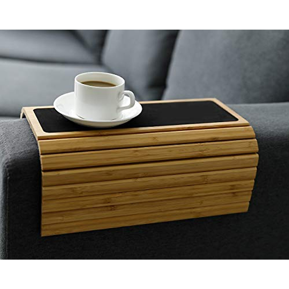 Sofa Arm Tray Table Slinky Secure/Flexible/Foldable Couch Tray Table with Non-Slip Mat for Drinks, Food, Phone or Remote. Sustainable Slinky Bamboo Design (16.5"L x 13.25"W x 0.4"H, Natural Bamboo)