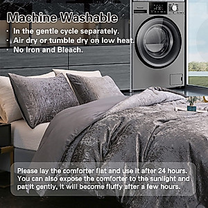 YOZEN Queen Size Korean Velvet Comforter Set Grey Gray, 3 Pieces Crushed Crinkled Luxury Textured Bedding Comforter Sets, Lightweight Microfiber Down Alternative Bed Set