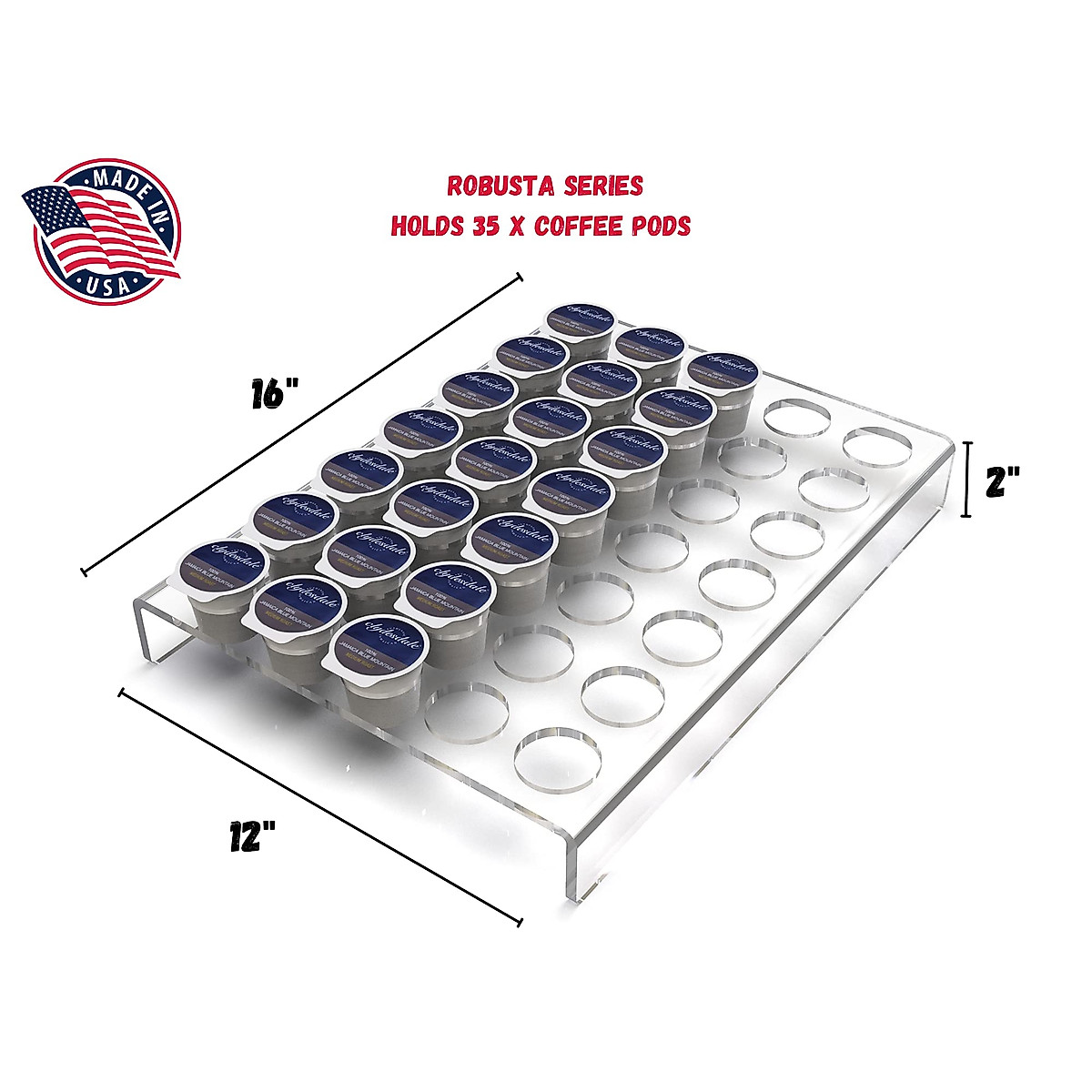 Flat countertop coffee pod holder k cup organizer tray | Coffee pod organizer for 35 coffee pods | Compatible with k-cups | Clear acrylic | Countertop or in drawer storage | Made in the USA