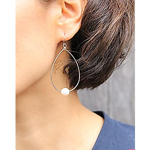 Pomina Lightweight Pearl Hoop Earrings, Gold Teardrop Pearl Dangle Drop Earrings for Women (Rhodium)