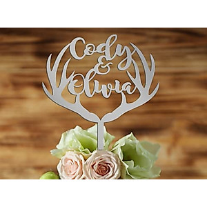 Personalized Antler Wedding Cake Topper, Script Name Wedding Cake Topper, Rustic Wedding Cake Topper, Country Wedding Cake Topper, Personalized deer topper, Stained wood topper for wedding
