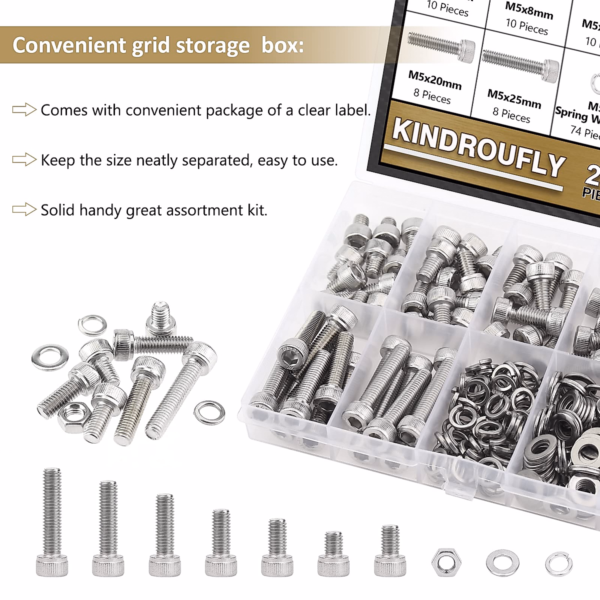 Kindroufly 242 Pieces M5 x 6/8 /10/12 /16/20 /25mm Hex Socket Head Cap Screws Nuts Washers Assortment Kit, 304 Stainless Steel, Fully Machine Thread