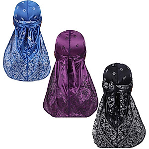 DINPREY Assorted Paisley Bandana Doo rag Cap Headwraps Men's Women's Silk Durag with Long Tail and Wide Straps for 360 Waves (Navy blue,Purple,Blue)