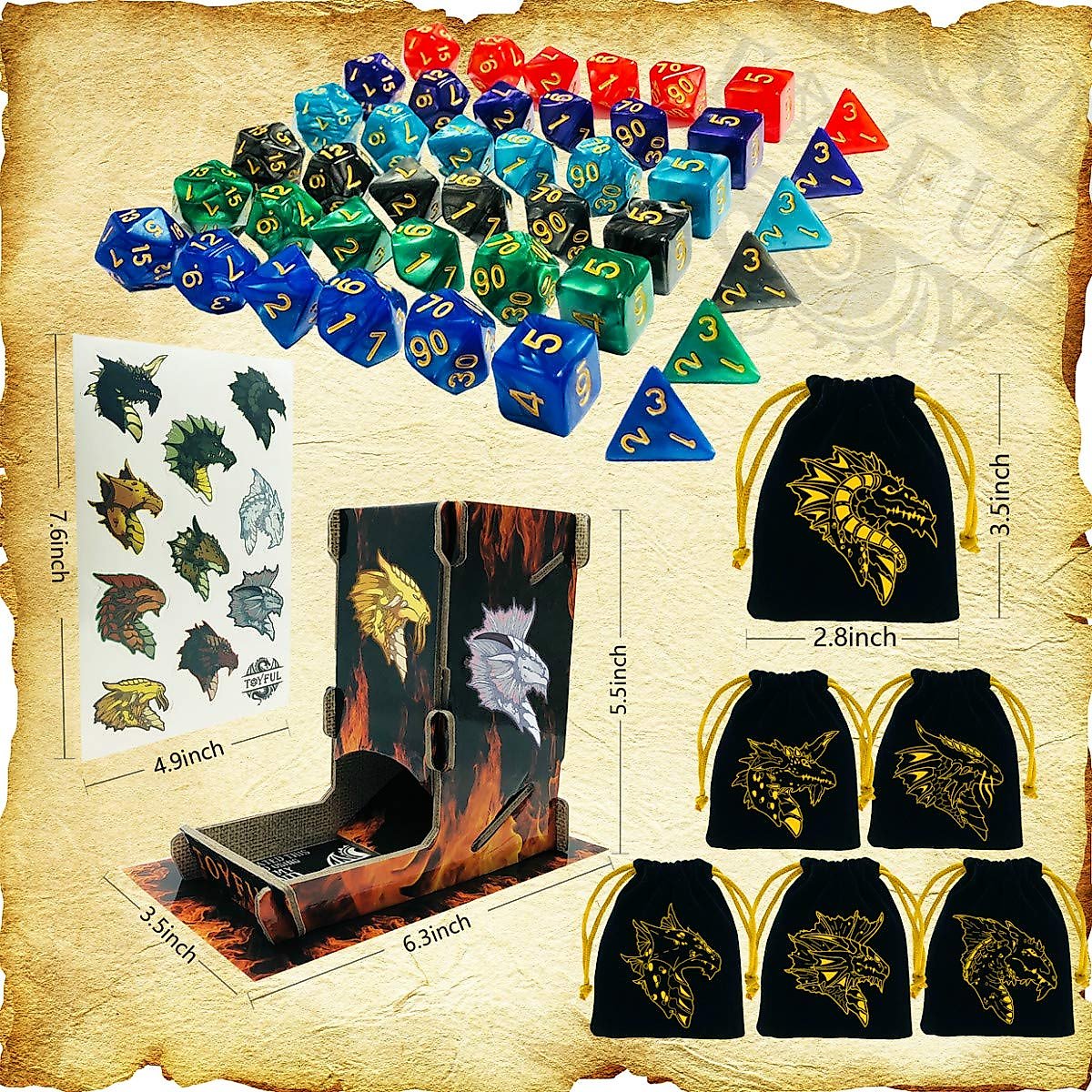 TOYFUL 6 Sets DND Dice Polyhedral Dungeons and Dragons DND RPG MTG Table Game Dice Bulk with Free Six Drawstring Bags and D&D Dice Tower Black