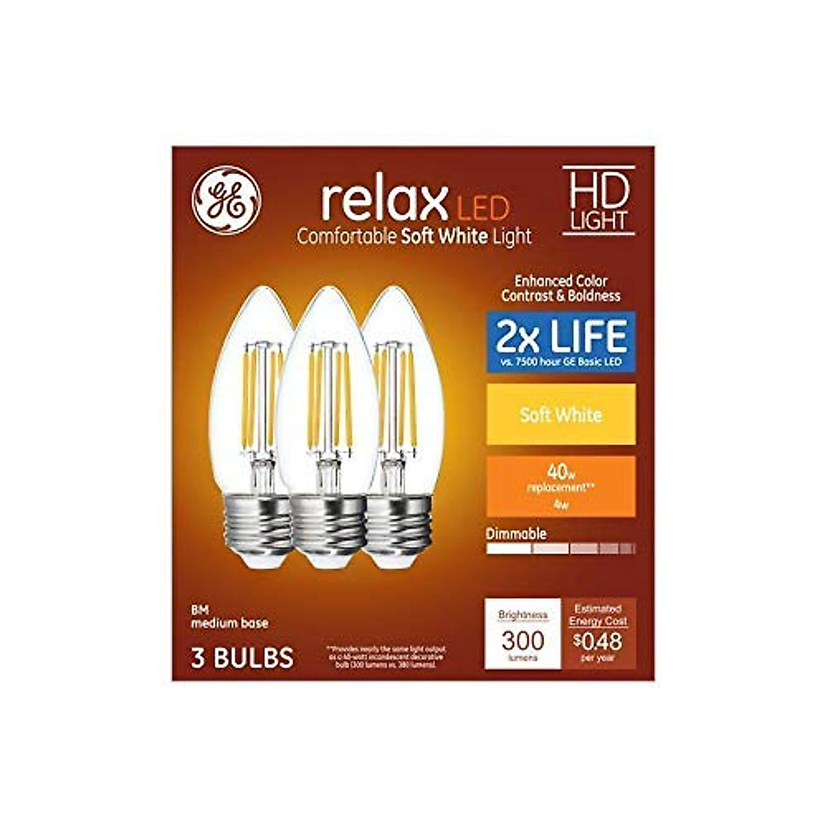 GE Relax 3-Pack 40 W Equivalent Dimmable Soft White B LED Light Fixture Light Bulbs 42287