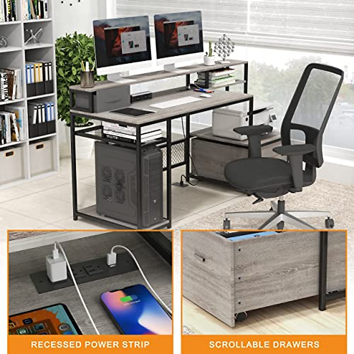AYEASY Home Office Desk with Monitor Stand Shelf, 66 inch Large Computer Desk with Power Outlet and USB Charging Port, Computer Table with Drawers and Storage Shelves, Study Writing Desk, Wash Gray