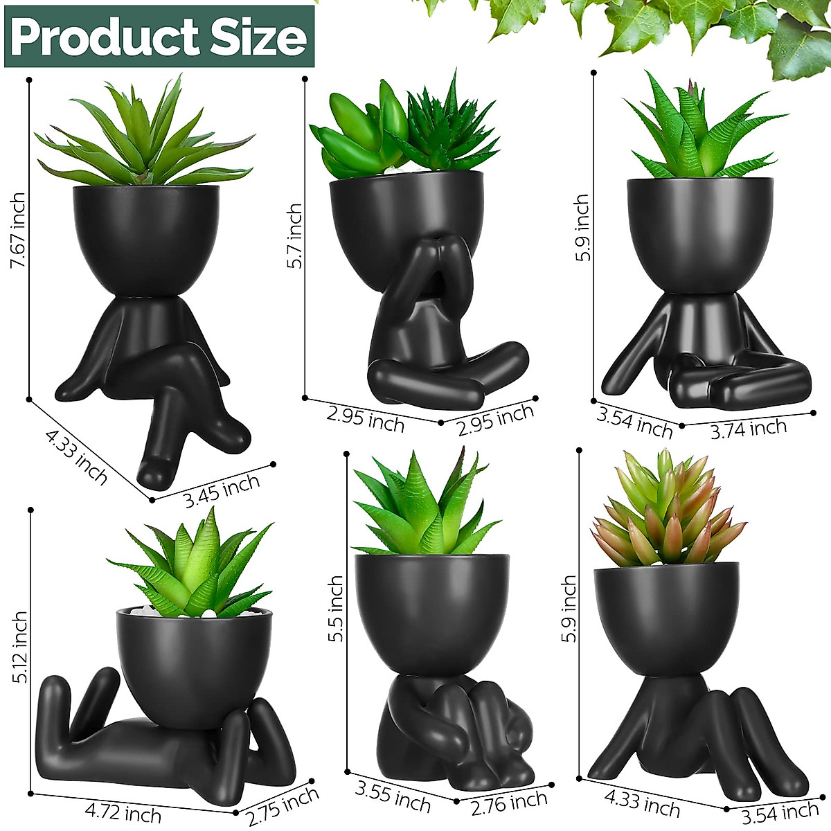 6 Pcs Cute Artificial Succulent Plants Mini Fake Succulent Ceramic Succulent Planters with Creative Human Shaped Pots Decorative Pots Mini Potted Succulents Decor for Office Home Decor (Black, Cute)
