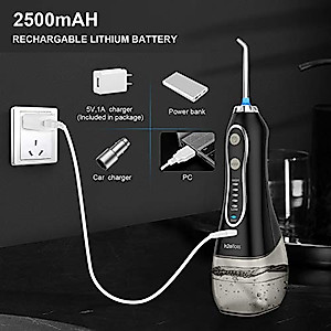 H2ofloss Water Flosser Portable Dental Oral Irrigator with 5 Modes, 6 Replaceable Jet Tips, Rechargeable Waterproof Teeth Cleaner for Home and Travel -300ml Detachable Reservoir