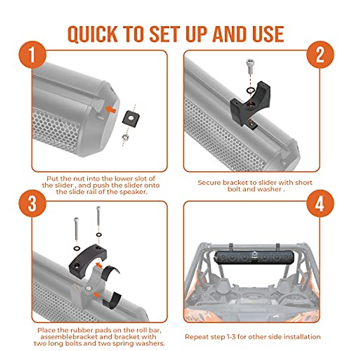 kemimoto UTV Soundbar SXS Sound Bar X3 Speaker- 28 Inches Wide, IPX5 Waterproof, Bluetooth Compatible, Amplified, USB, AUX Input, 4X Speakers, 2X Tweeters Adapt to 1.56"-2.25" Roll Bar