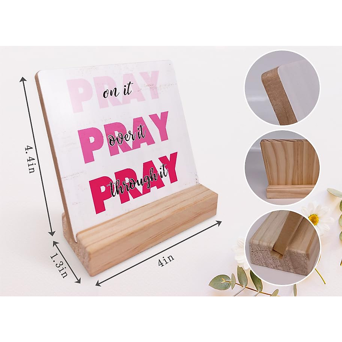 Pray on It Pray over It Pray Through It Prayer Wood Plaque with Wooden Stand,Pink Prayer Christian Wooden Plaque Sign Desk Decor for Home Bedroom Living Room Table Shelf Decoration