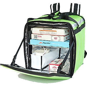 PK-76F: Doubledeck Insulated Pizza/Food Delivery Backpack Bag, 16"x 15"x 18",With a Cup Holder. A Glossy Waterproof, Collapsible Food Take-Out Box For Catering, Restaurant Delivery, 76Liters(Green)