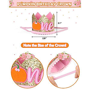 Little Pumpkin First Birthday Decorations Fall High Chair Banner with Glitter Pumpkin Cake Topper One Crown Hat and Balloons for Baby Girls Cake Smash Photo Prop Backdrop Supplies