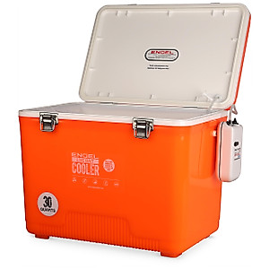 Engel 30qt Live Bait Cooler Box with 2nd Gen 2-Speed Aerator Pump - Portable Fishing Station & Minnow Bucket for Shrimp & Other Live Fish with Aerator - ENGLBC30-N in Orange High-Visibility