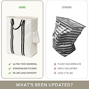 Laundry Basket, Foldable Dirty Clothes Hamper, Thick Canvas Laundry Bag with Handles/Drawstring/Side-Pockets, Tall Laundry Baskets Hampers for Bedroom, Dorm, Travel, 55L (Beige)