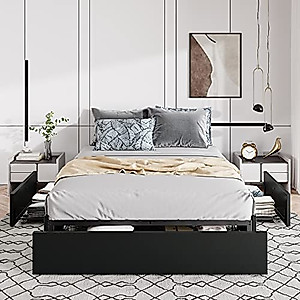 Allewie Queen Size Platform Bed Frame with 3 Storage Drawers, Faux Leather Upholstered, Wooden Slats Support, No Box Spring Needed, Easy Assembly, Black