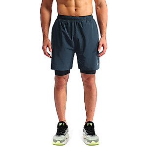 Pudolla Men’s 2 in 1 Running Shorts 7" Quick Dry Gym Athletic Workout Shorts for Men with Phone Pockets(Navy Blue Medium)