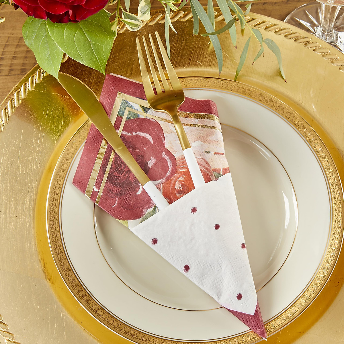 Kate Aspen Burgundy Blush Floral Paper Napkins, Thick Decorative Dinner Napkins, Luncheon Serveware, Perfect for Wedding Reception Or Bridal Shower,Gold and burgundy