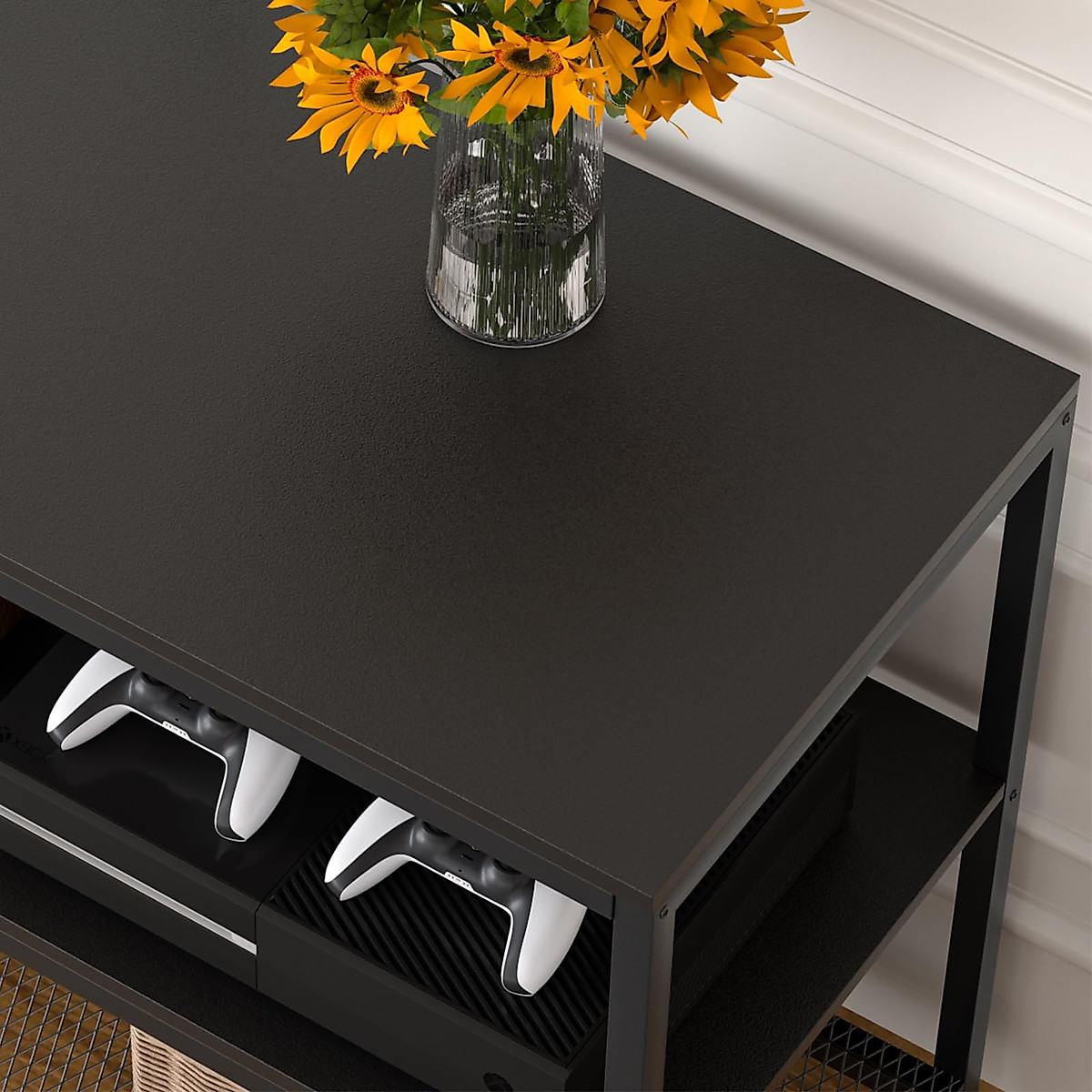 ADOFFUR 63 Inch Horizontal Bookshelf, Industrial 3 Tier Open Book Shelf with LED Strip and Outlets, Wood and Metal Long Bookcase for Home Office (Black)