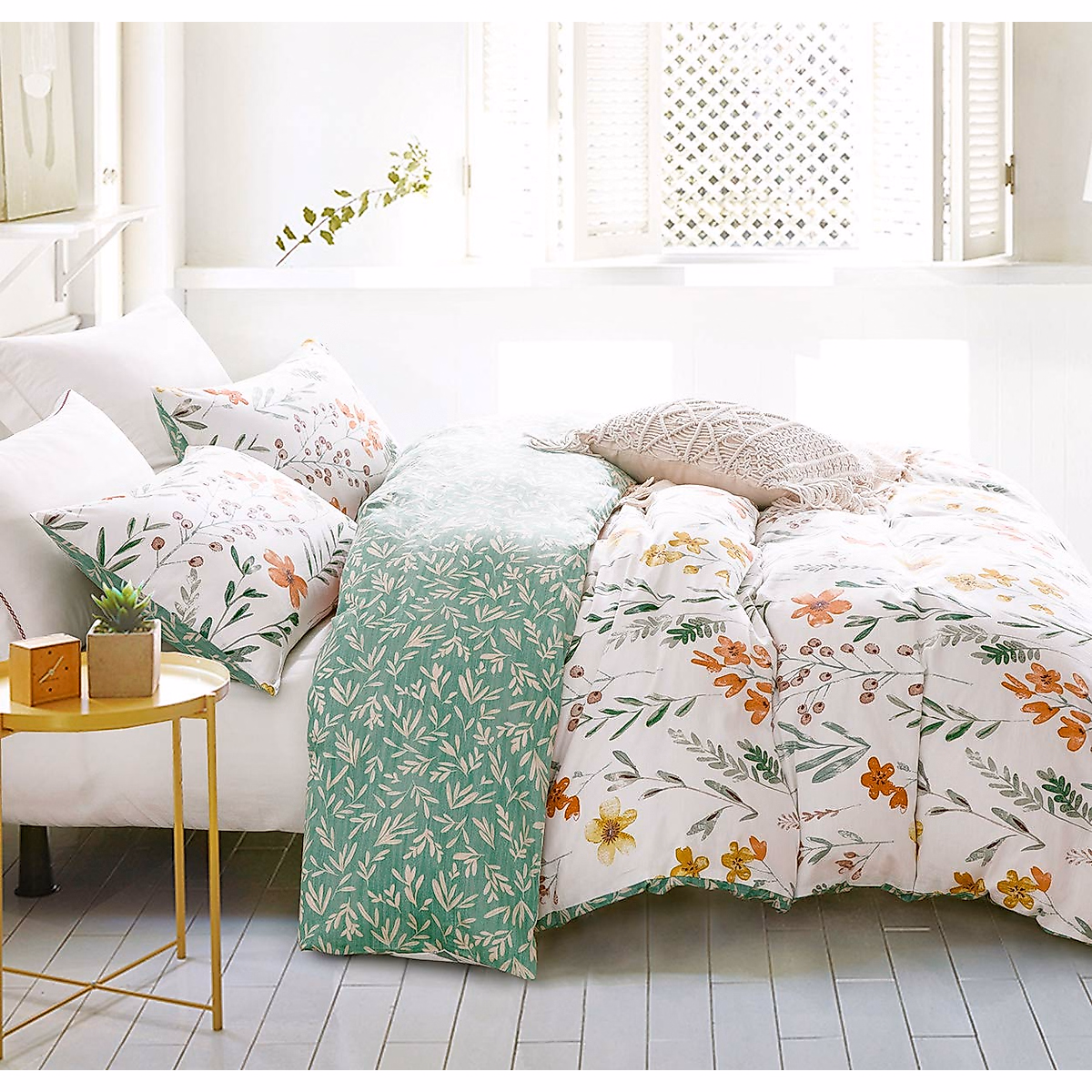 SLEEPBELLA Duvet Cover Set 600 Thread Count Cotton Bedding Set (Twin, White&Green Floral)