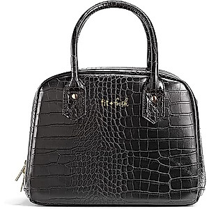 Fit & Fresh Faux CROC Adult Insulated Lunch Bag with Carry Handles, Complete Lunch Kit Includes Travel Flatwear Set, Black Large
