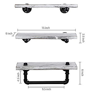 MyGift Wall Mounted White Washed Solid Wood Floating Shelf Organizer, 3 Piece Set Mounted Bathroom Display Shelf with Towel Bar and Industrial Metal Pipe Brackets
