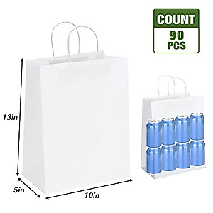 Moretoes 90pcs White Paper Bags with Handles 10x5x13 Inches Kraft White Gift Bags with Handles Bulk, Shopping Bags, Retail Bags for Small Business, Birthday Wedding Party Favor Bags