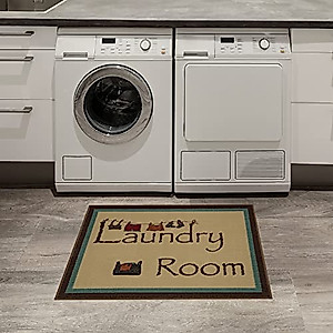 Machine Washable Bordered Laundry Room Rug Non-Slip Rubberback 2x3 Laundry Area Rug for Laundry Room, Bathroom, Washroom, 26" x 35", Beige