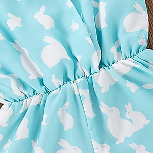 Flashing boy One-Piece Toddler Kid Baby Girl Easter Outfit Bowknot Strap Romper Ruffle Bunny Print Jumpsuit Headband (Blue-Rabbit, 3-4 Years)