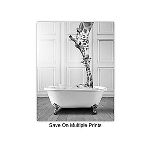 Cute Bathroom Wall Art & Decor - Funny Bathroom Decor for Women, Kids - Cow Elephant Bear Giraffe Penguin Wall Art Set - Bathroom Pictures - Bath Wall Decor - Bathroom Accessories - Powder room Sign