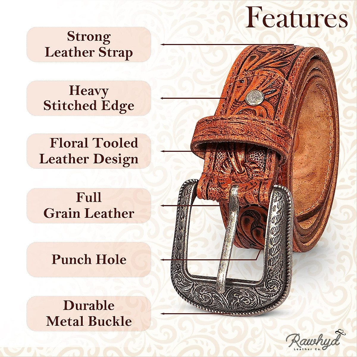 RAW HYD Leather Western Belts for Men - Cowboy Belts for Men - Mens Western Belt w/Buckle - 1.5" Wide Mens Cowboy Belt