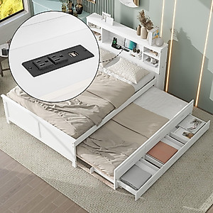 Harper & Bright Designs Full Size Bed with Bookcase Headboard, Wooden Full Platform Bed with Trundle and Drawers,Full Storage Bed with USB Ports Outlets for Kids Girls Boys,White