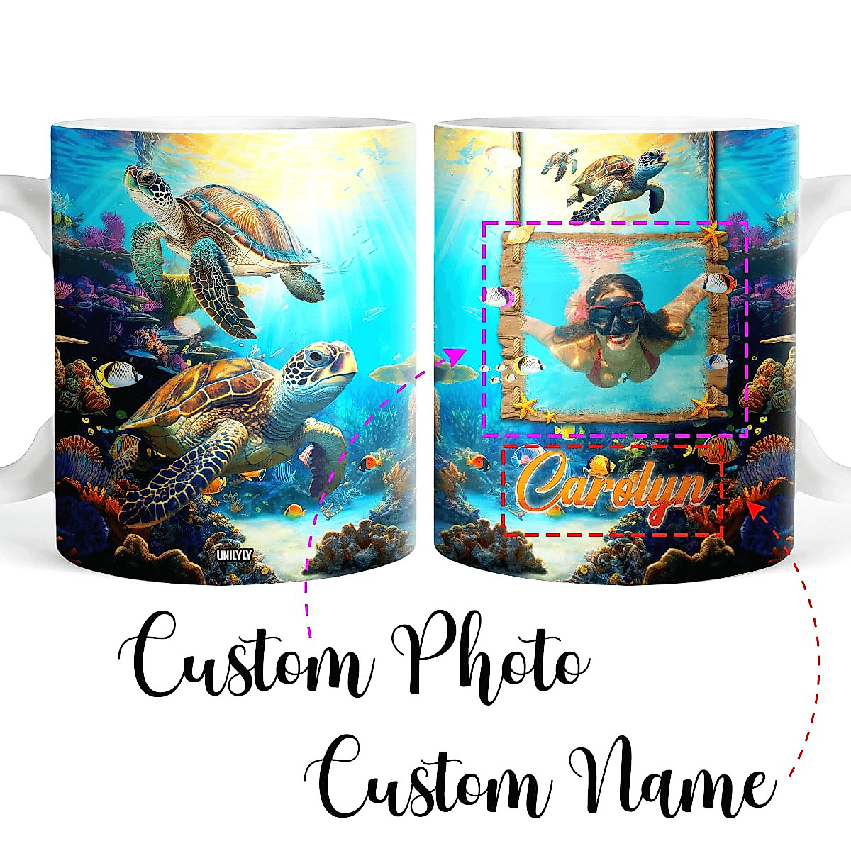 White Ceramic Coffee Mug Photo Mugs Personalized Picture Turtle Custom Name Birthday Gifts For Women Friends Teens Ocean Lovers Novelty Cup Table Desk Accessories 11 and 15 Oz