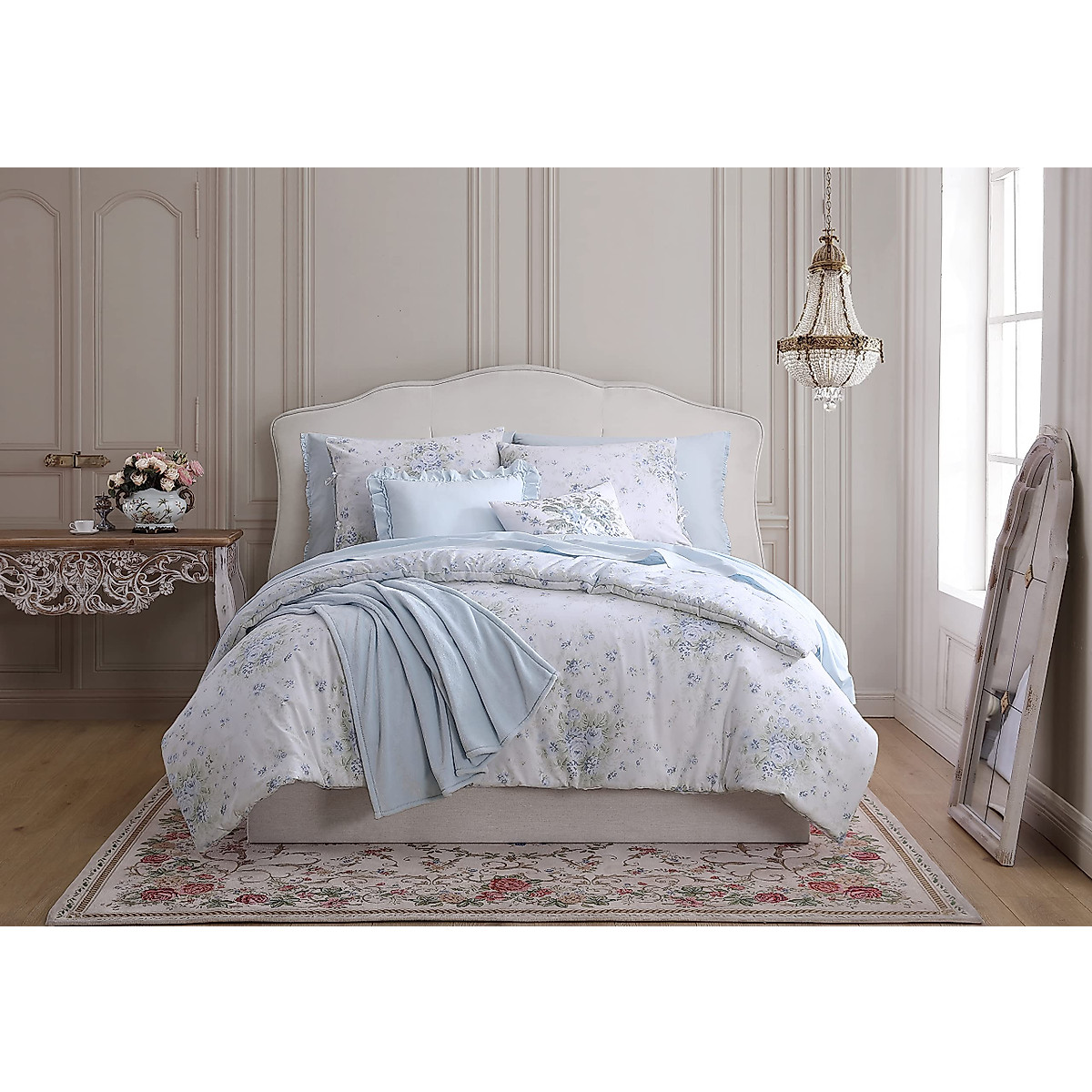 Shabby Chic® - Queen Comforter Set, Reversible Cotton Bedding with Matching Shams, Elegant Floral Home Decor for All Seasons (Bailey Blue, Queen)