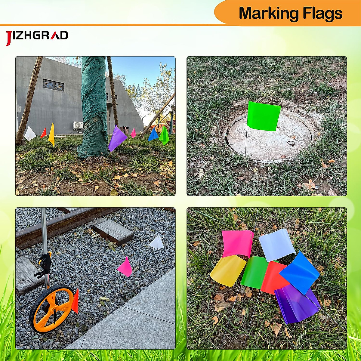 JIZHGRAD White Marking Flags for Lawn, 100 Pack Yard Flags | 4x5x16 Inch, Boundary Flags Dog Training,Marker Flags,Invisible Fence, Lawn/Survey/Landscape/Sprinkler/Surveyor/Stake Flags