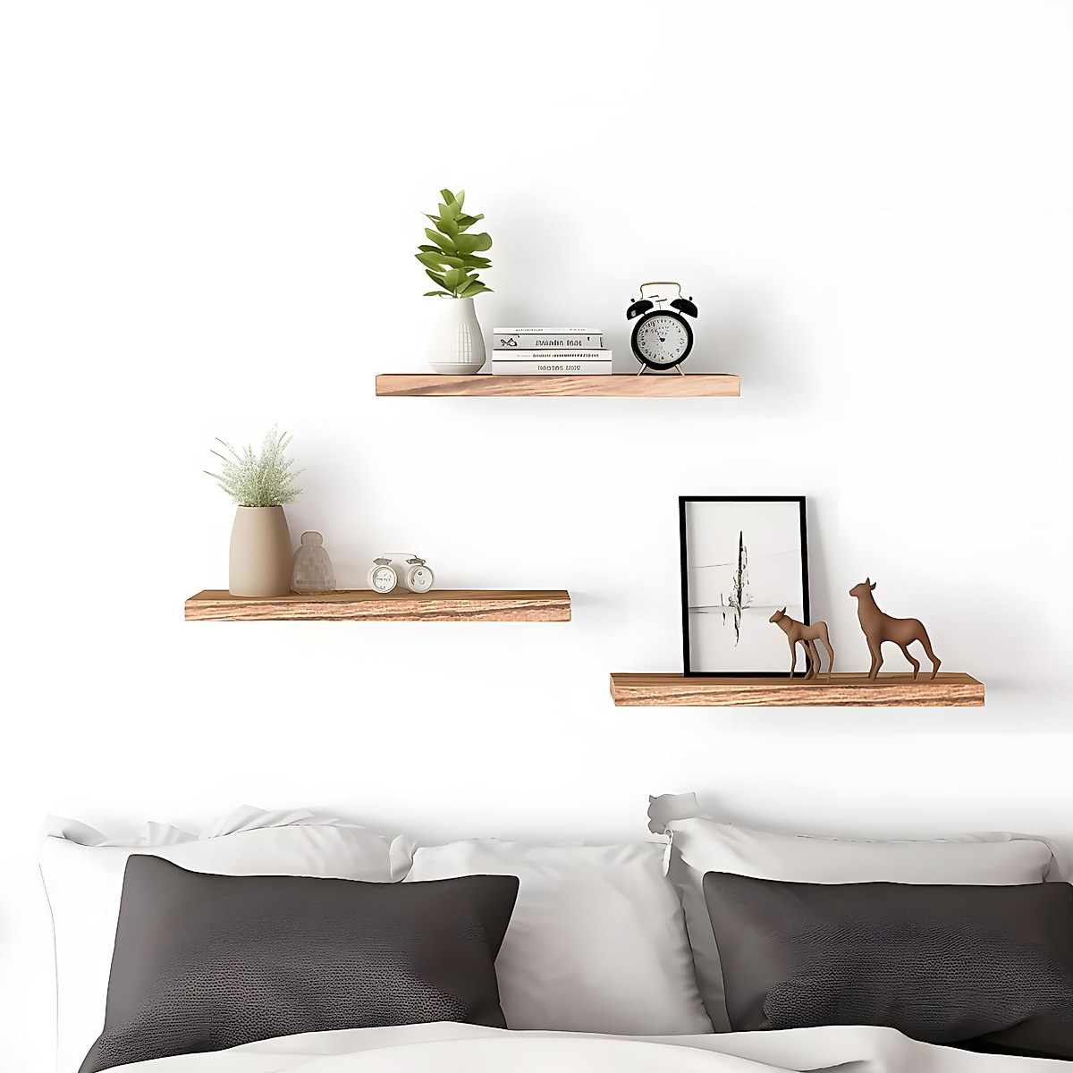 PHPH Wood Floating Shelves for Wall, Wooden Wall Shelves for Bedroom, Set of 6 Light Brown 17 Inch