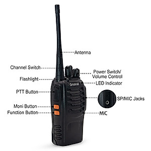 Greaval GV-8S Long Range Walkie Talkies with Six-Way Multi-Unit Charger for Adults, 6 Pack Rechargeable Walkie Talkies with 12 Li-ion Batteries, Two-Way Radio with Earpieces and Mic