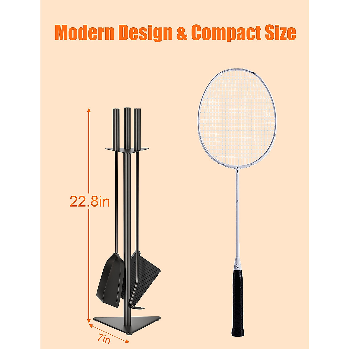 VODA Fireplace Tools Set, 4 Pcs 22.8 Inch Fireplace Tools Black Cast Iron Small Outdoor/Indoor Fireplace Accessories with Poker, Shovel, Broom, Fireplace Tool Stand