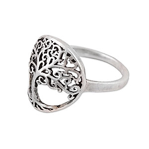 NOVICA Artisan Handmade .925 Sterling Silver Cocktail Ring Indian with Jali Tree Motif Leaf 'Majestic Jali Tree'